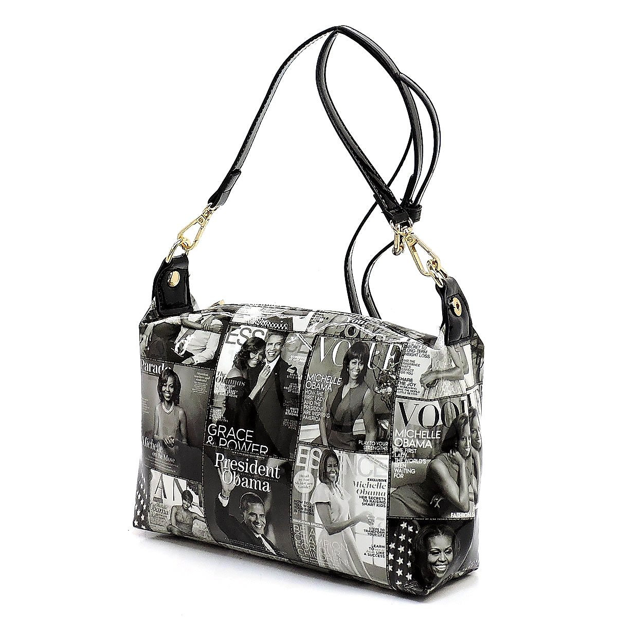 Glossy Magazine Cover Collage 3-in-1 Shoulder Bag Hobo Michelle Obama Handbag (3-Black/White)