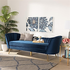 Baxton Studio Kailyn Glam and Luxe Navy Blue Velvet Fabric Upholstered and Gold Finished Sofa