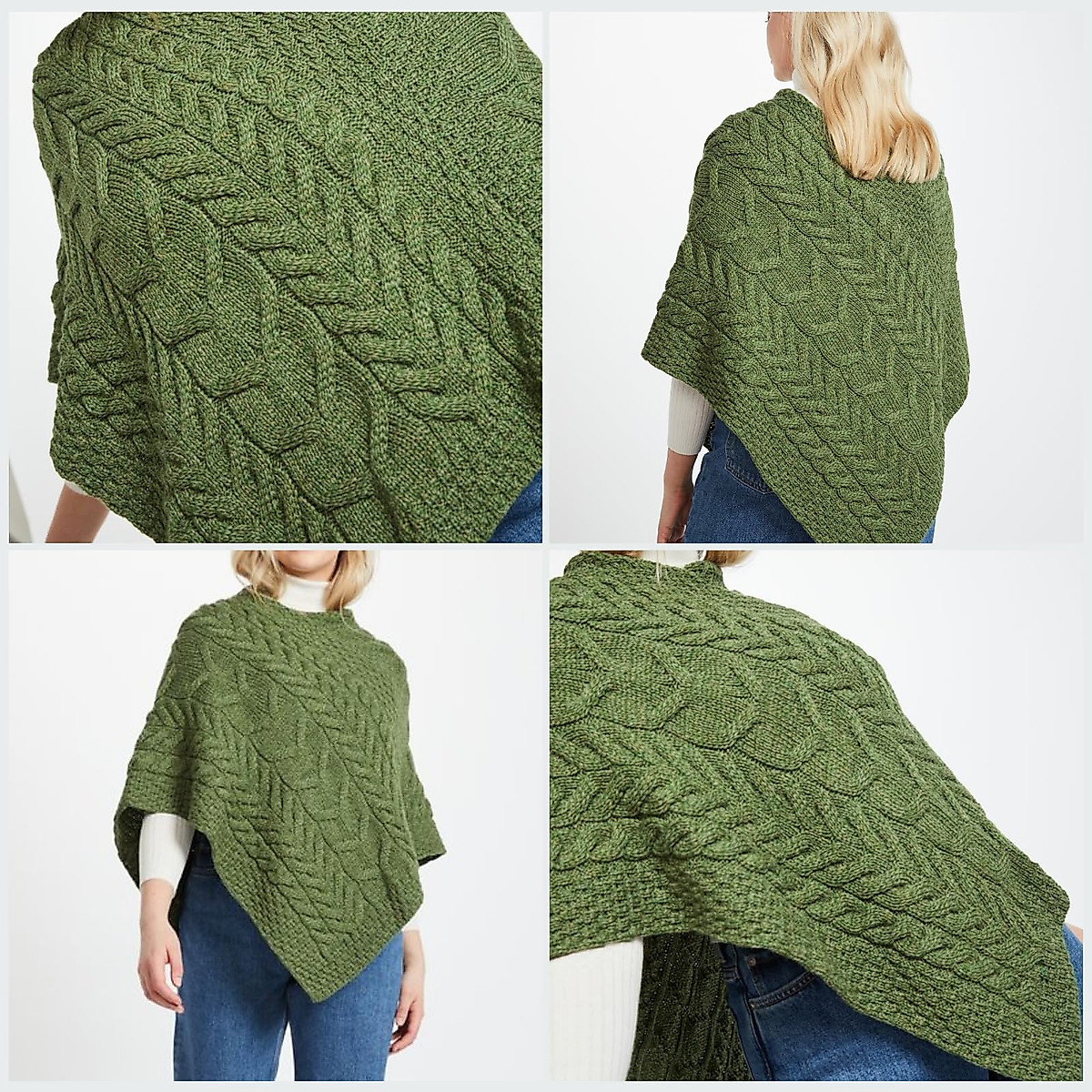 Aran Woollen Mills 100% Irish Merino Wool Ladies Aran Knit Poncho, Made in Ireland, Women's Poncho Wrap, One Size Meadow Green