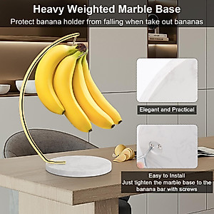 Livabber Banana Holder with Marble Base, Metal Banana Hanger Modern Tree Stand with Hook, Durable Banana Keeper Fresh Fruit Storage Organizer Freestanding for Kitchen Countertop (Gold, Single Hook)