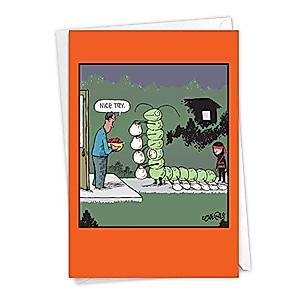 NobleWorks - Happy Halloween Card Funny - Fun Cartoon Humor, Spooky Greeting Notecard with Envelope - Caterpillar Trick C3394HWG