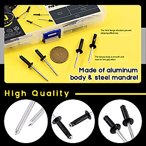 Mardatt 80 Pcs Flange Aluminum Blind Rivet Assortment Set, Black Large Head Tri-Fold Exploding Aluminum Pop Rivets for Sheet Metal, Automotive and Furniture -3/16" x (9/16", 3/4", 13/16, 1")