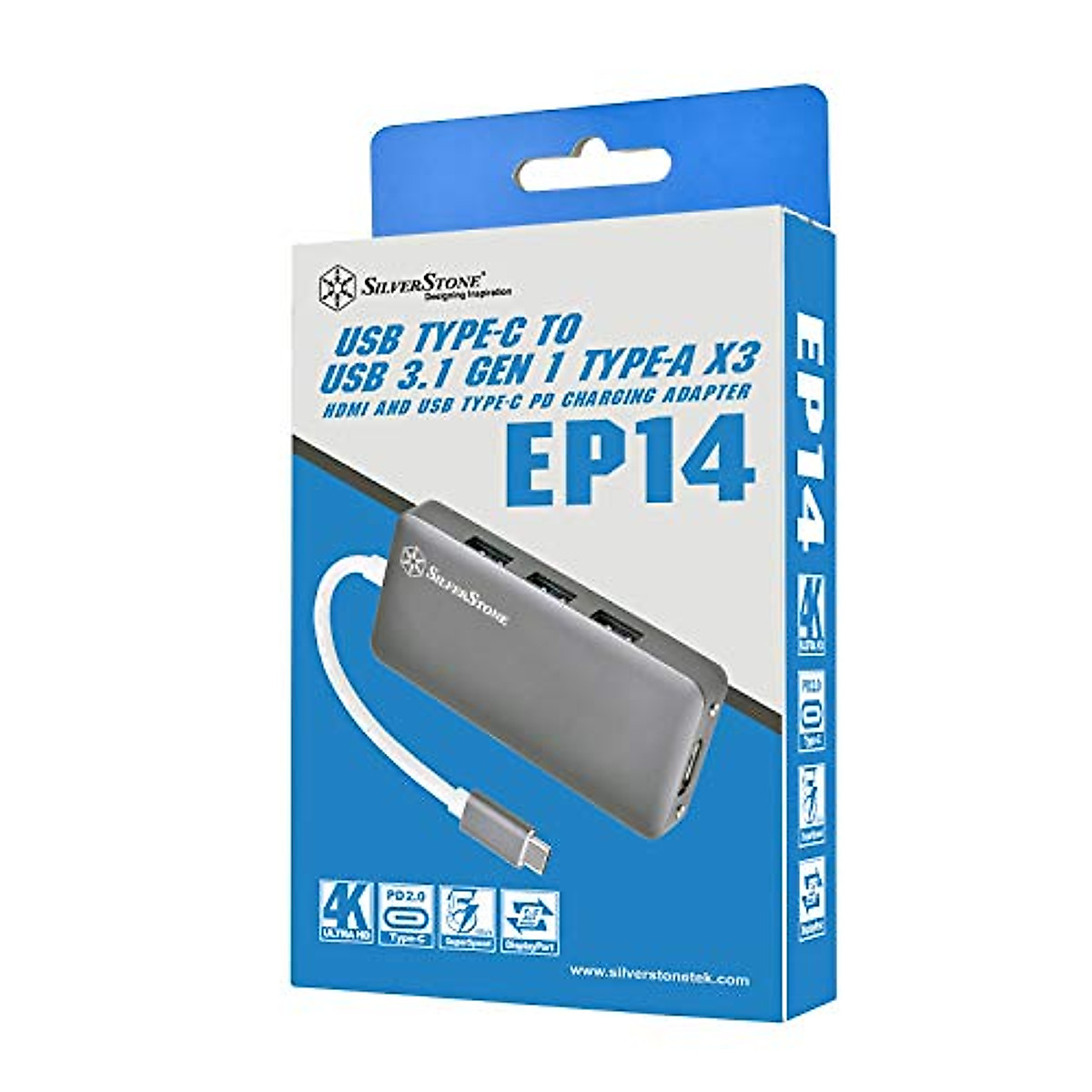 Silverstone SST-EP14C - USB 3.1 Type-C Gen1 to HDMI (res. up to 4096 x 2160 @ 30Hz), 3X USB 3.1 Gen 1 Type-A, 1x USB 3.1 Gen 1 Type-C (PD 2.0 Charging), Charcoal