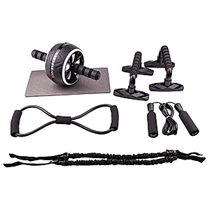 TRAKK SPORT 6 In 1 Exercise Equipment Set with Ab Wheel, Handle Grips, Resistance Bands, Knee Pad, Jump Rope, and Pushup Bars for Full Body Workouts