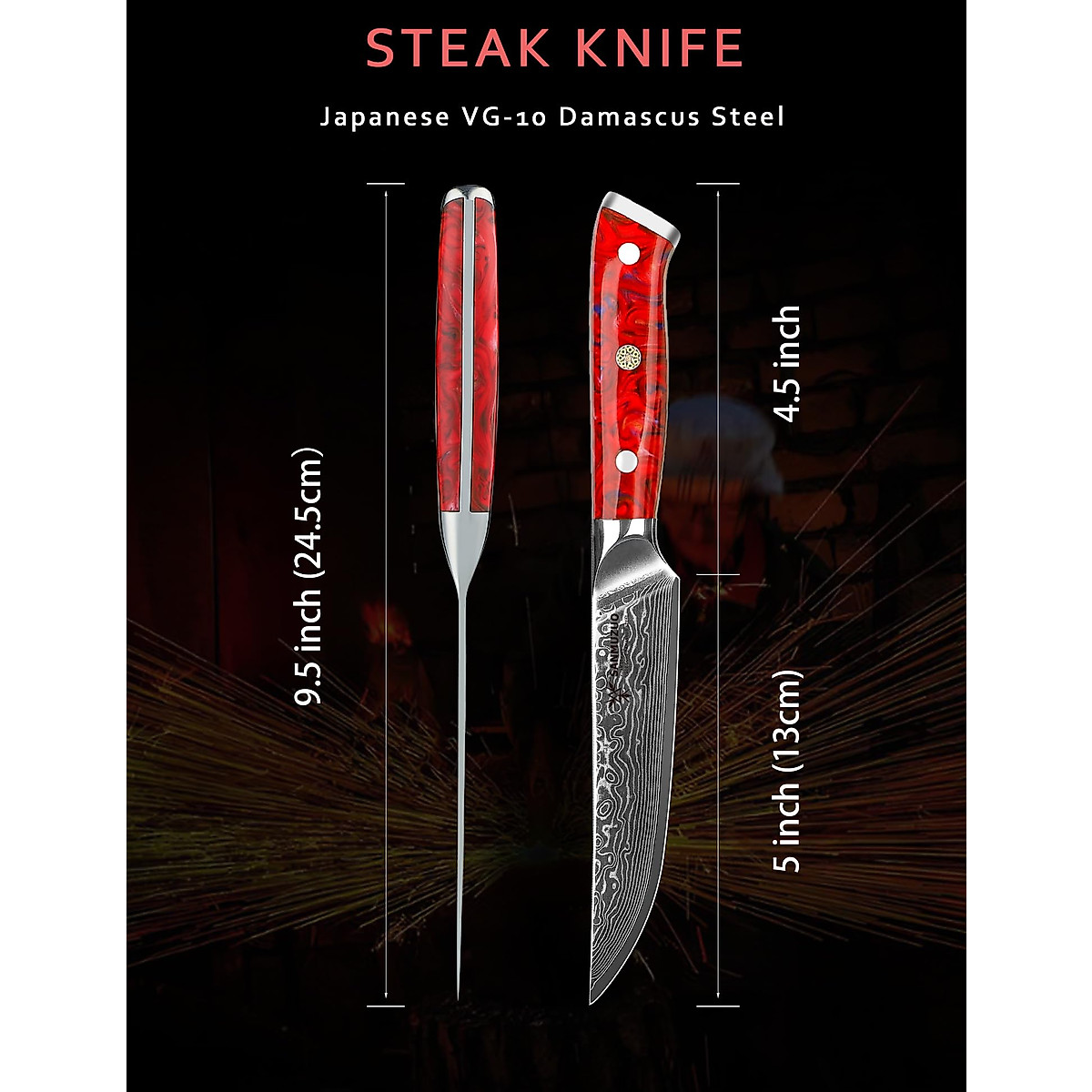 SANMUZUO Steak Knives Set of 4, Ultra Sharp Non Serrated Kitchen Steak Knife 5 Inch - Damascus Steel & Resin Handle - Xuan Series (Sunset Red)