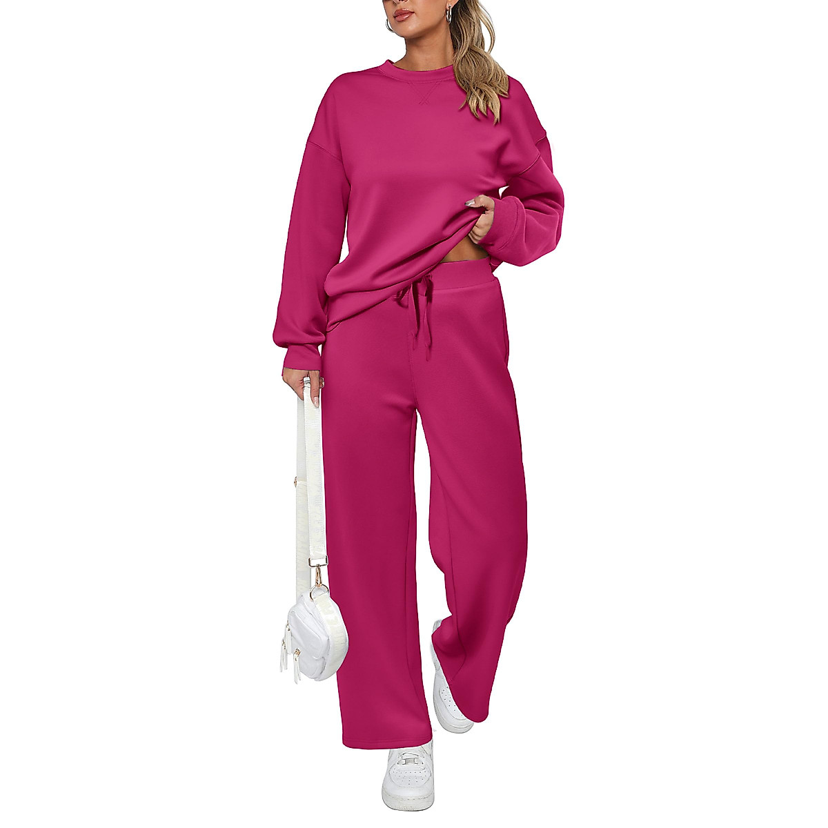 PRETTYGARDEN Women Two Piece Sweatsuits 2024 Long Sleeve Pullover Tops Wide Leg Pants Sets Matching Sweat Outfits (Rose Red,Large)