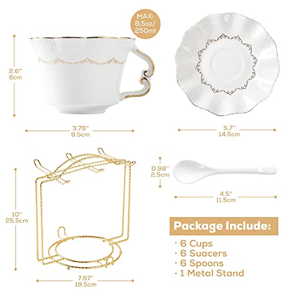 DUJUST Tea Cups and Saucers Set of 6 (8.5 OZ), Luxury Tea Cup Set with Golden Trim, Relief Printing Coffee Cups with Metal Stand, British Royal Porcelain Tea Party Set - White