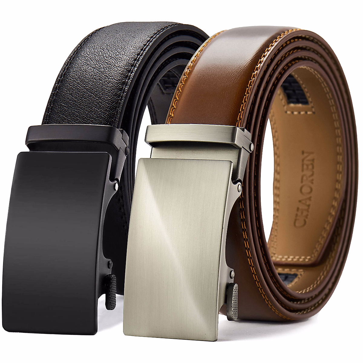 CHAOREN Leather Ratchet Belts 2 Pack, Ultra Soft Mens Dress Belt, Black & Brown Belt 1 3/8" in Gift Box, Effortlessly Stynish