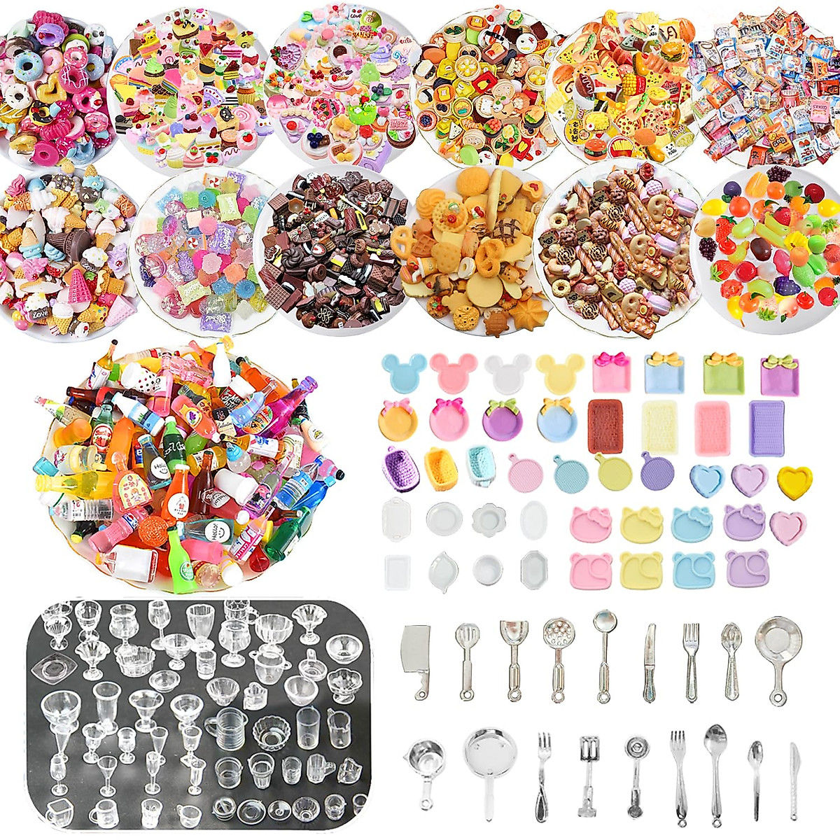 150Pcs Miniature Food Drinks Bottles Dollhouse Accessories 1:12 Mini Stuff Things Toy Set Dollhouse Pretend Kitchen Play Game Tiny Baking Hamburger Bread Ice Cream Cake Tableware