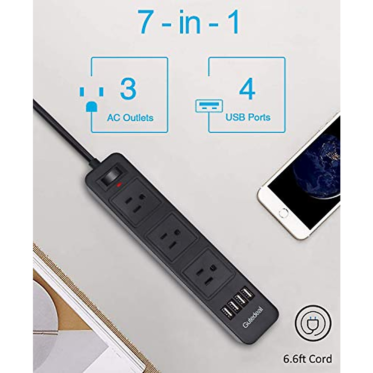 Power Strip 2 Prong, Surge Protector 2 Prong with 3AC Outlets and 4 USB Charging Ports, 6.6ft Long 2 Prong to 3 Prong Extension Cord for Smartphone Home Office Desktop, Black