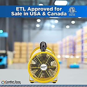 Comfort Zone CZBU80 8” Industrial Utility Blower Fan, All-Metal Construction, Auto-Reset Thermal Protection, Durable Carry Handle, Rubber Feet, Helps Exhaust Fumes/Odors, Dry Wet Areas, Yellow
