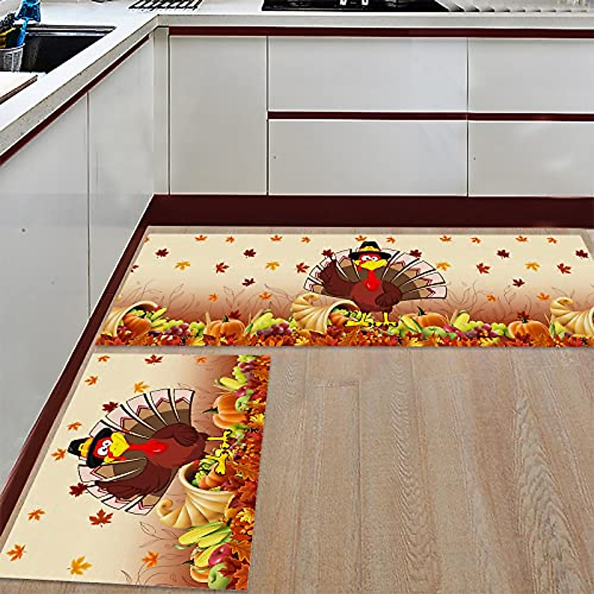 2 Piece Thanksgiving Kitchen Rug Set Funny Turkey Fall Autumn Harvest Pumpkins Maple Leave Comfort Doormat Absorbent Bathroom Carpet Non Slip Area Rug Pad Home Decor Mat (15.7" x 23.6"+15.7" x 47.2")