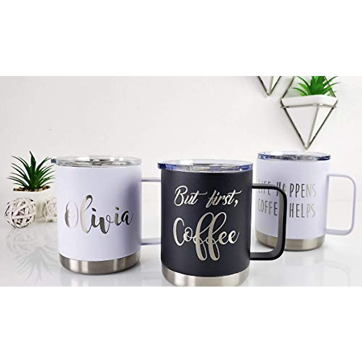 Personalized Insulated Coffee Mug with Lid - 12 oz -Customize with Name or Text - Custom Travel Cup