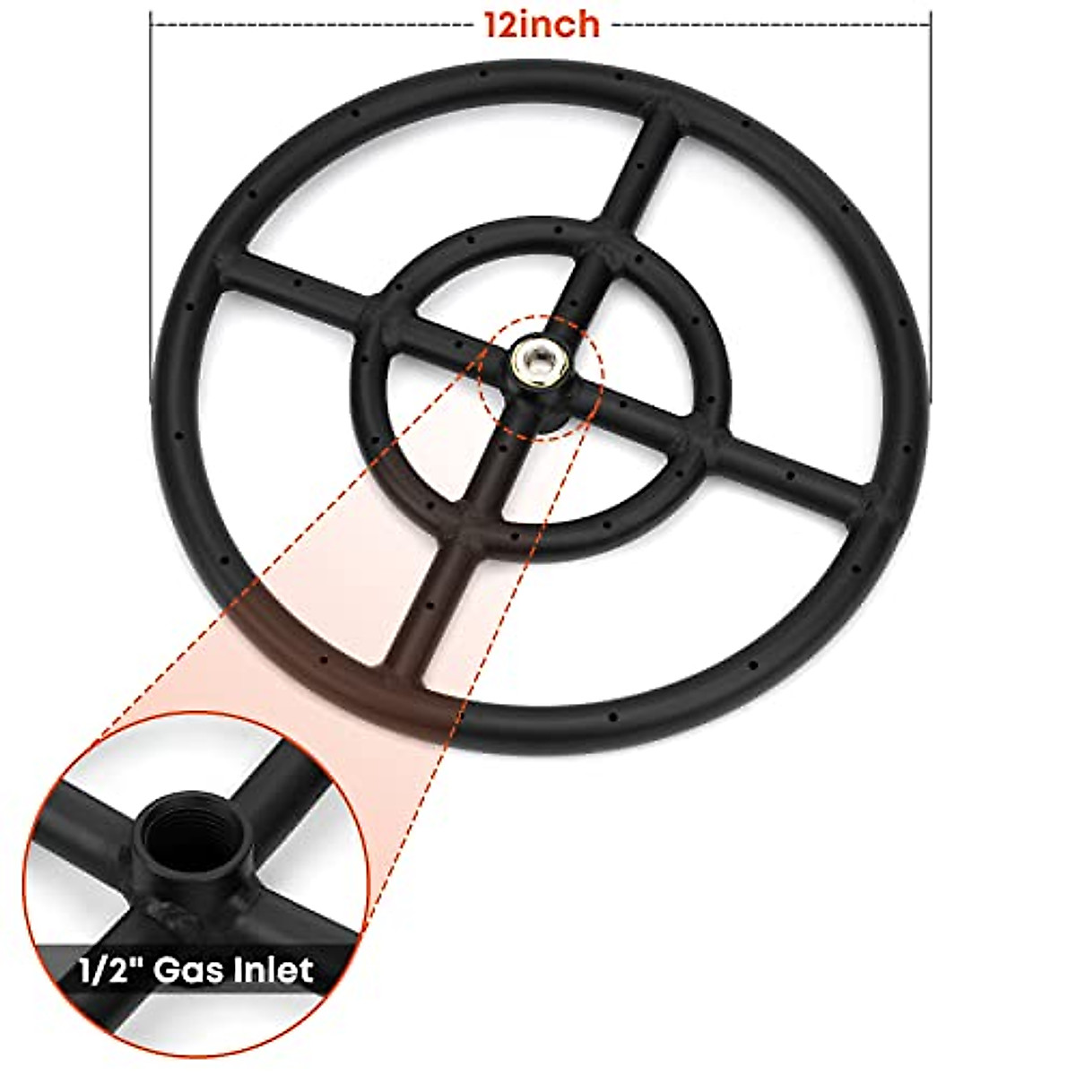 Stanbroil Natural Gas Fire Pit Burner Ring Installation Kit, Black Steel, 12-inch