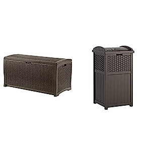 Suncast 73-Gallon Medium Deck Box - Lightweight Resin Indoor/Outdoor Storage Container and Seat - Mocha Brown & Gallon Hideaway Can Resin Outdoor Trash with Lid Use in Backyard, Deck, or Patio, Brown