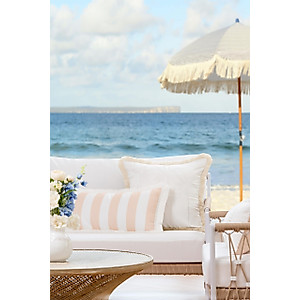 Hofdeco Premium Coastal Patio Indoor Outdoor Long Lumbar Pillow Cover Only, 12"x26" Water Repellent for Backyard, Couch, Neutral Tan Stripes with Fringe