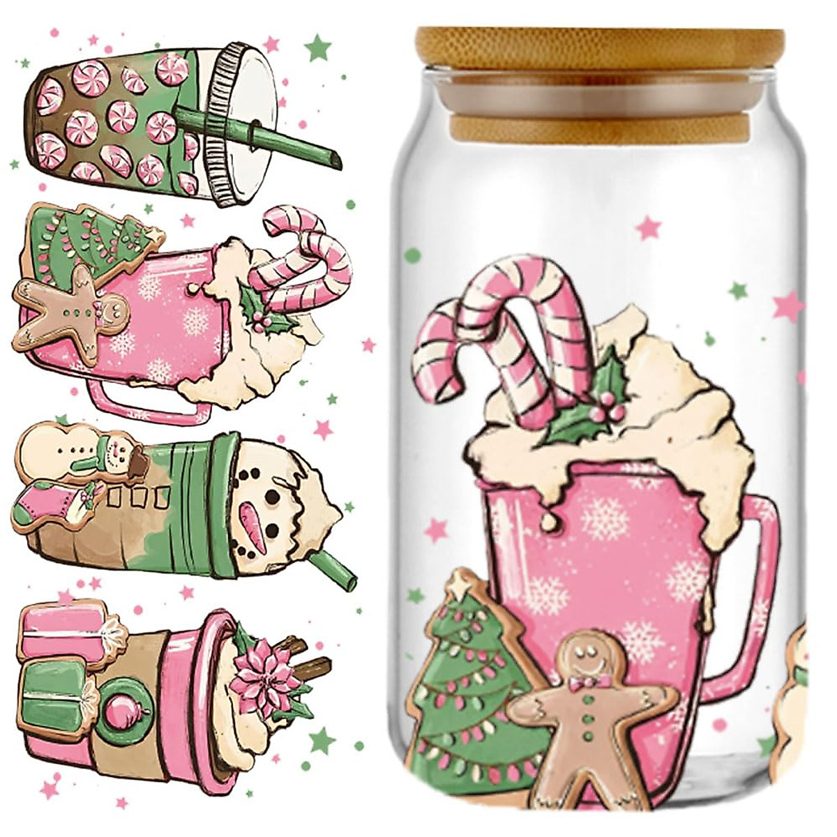 5Sheets Christmas Decorations UV DTF Transfer Sticker,Santa Claus Rub on Transfers Stickers Cute Cartoon Xmas UV DTF Cup Wrap Stickers for Glass Cups Christmas Decor Rub on Transfers for Crafts Decals