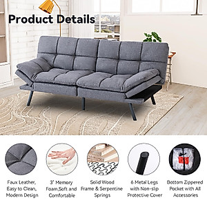 Hcore Convertible Couch, Memory Foam Futon Sleeper, Loveseat Sofa Bed Sofabed, Dark Grey