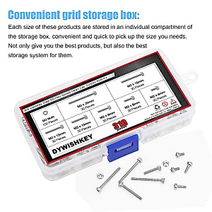 DYWISHKEY 310 Pieces M2 x 4mm/6mm/8mm/10mm/12mm/16mm/20mm, Stainless Steel 304 Hex Socket Head Cap Bolts Screws Nuts Kit with Hex Wrench
