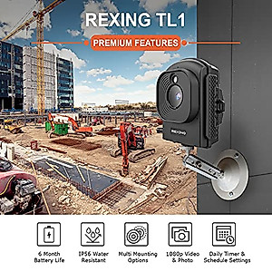 Rexing TL1 Time-Lapse Camera 2.4” LCD 1920x1080 Full HD Video 110° Wide-Angle Lens 6 Month Battery Life 2W White LED Loop Recording, Storage up to 512GB For Photography,Construction,Nature Observation