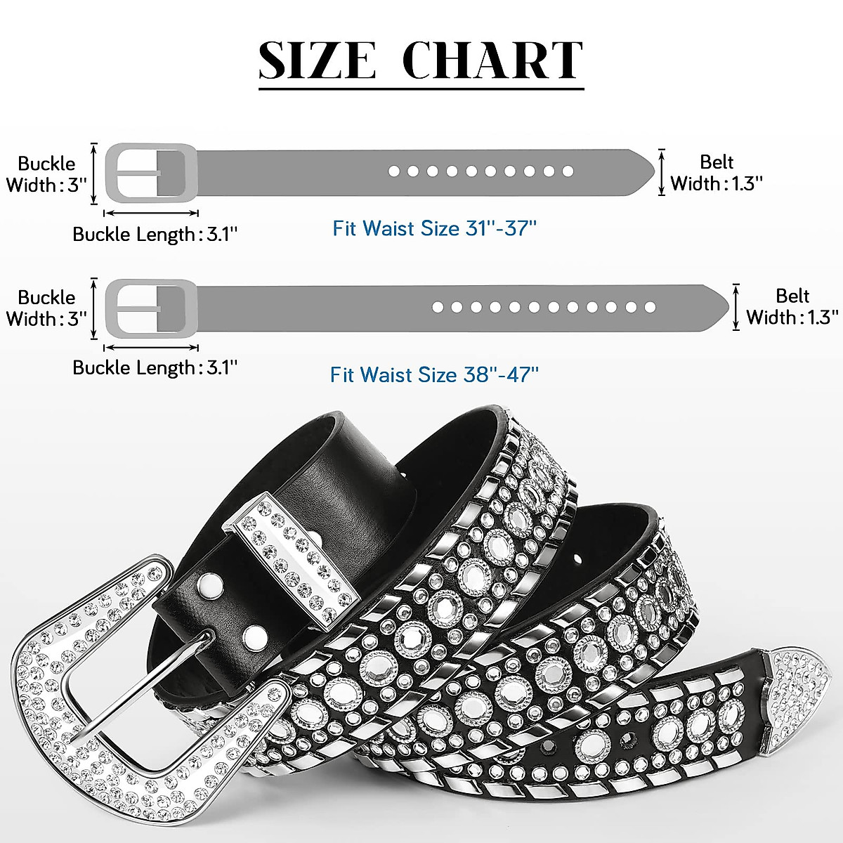 Geyoga Rhinestone Belt for Women 2 Pcs Bling Studded Leather Belt Western Studded Belt Cowgirl Belt (Fits Waist Size 31-37 Inch)