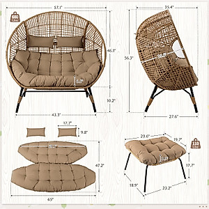 BULEXYARD Double PE Wicker Stationary Egg Chair with Legs Patio 2 Person Loveseat Chair Indoor Outdoor Oversized PE Rattan Lounge Chair for Garden Balcony (Brown/Brown, Double Egg Chair with Ottoman)