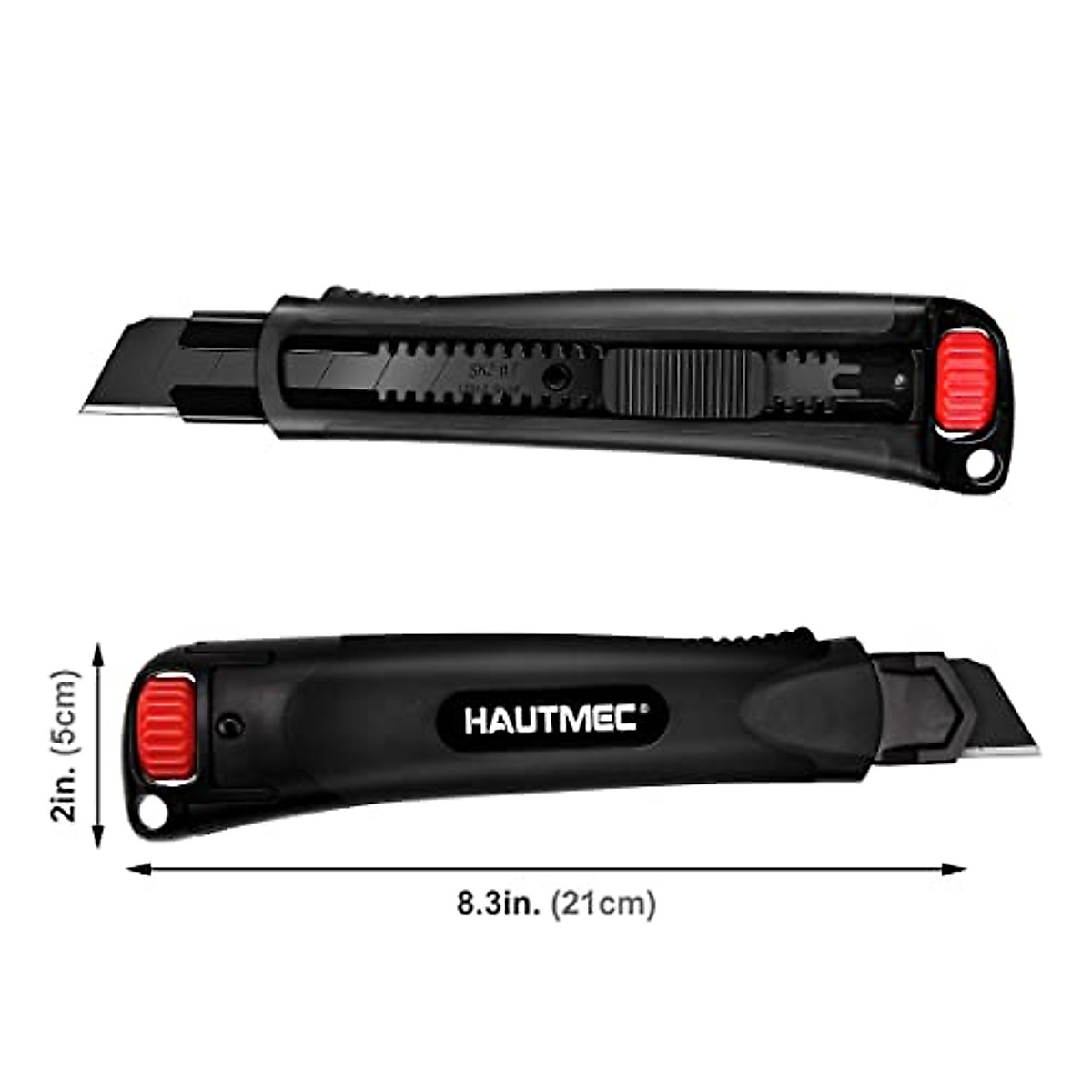 HAUTMEC 25mm Extra Heavy Duty Utility Knife with Double Lock Mechanism, Auto-Lock and Ratchet- Lock for Double Safety, SK2 Sharp Black Blade for Industrial or Construction Applications HT0254-KN