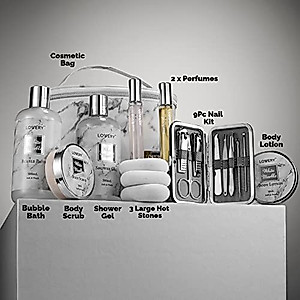 Birthday Gifts for Mom from Daughter & Son, Spa Gifts for Women, Bath and Body Set, 19pc Relaxation Pampering Self Care Baskets with 3 Massage Hot Stones, 9pc Nail Kit, Bubble Bath, Lotions and More