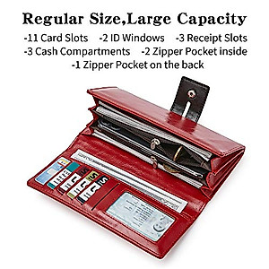 Botimmy Retro Womens Wallet Large Capacity Vegan Leather Wallet for Women Bifold Zipper Wallet with id Window-Red