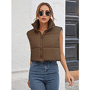 Gihuo Womens Quilted Cropped Puffer Vest Gilet Warm Padded Full Zip Lightweight Puffy Vest Short Sleeveless Jacket(Coffee-M)
