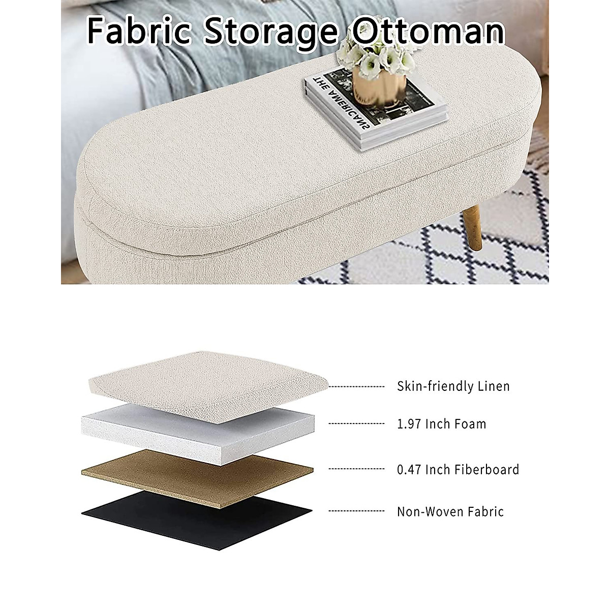 ECLYL Oval Storage Bench 43.5" Linen Fabric Upholstered Entryway Bench with Solid Wood Legs Ottoman Bench Indoor Bench for Living Room/Bedroom/End of Bed/Entryway (Beige)