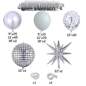 White and Silver Disco Ball Balloon Garland Arch Kit 135pcs Metallic Silver Matte White Balloon with 4D Disco Ball and Starburst Foil Balloon for Anniersary Disco Birthday Party Decoration