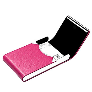 Padike PU Leather Business Card Holder for Women Professional Business Name Card Holder Stainless Steel Business Card Case with Magnetic Shut (Rose red)