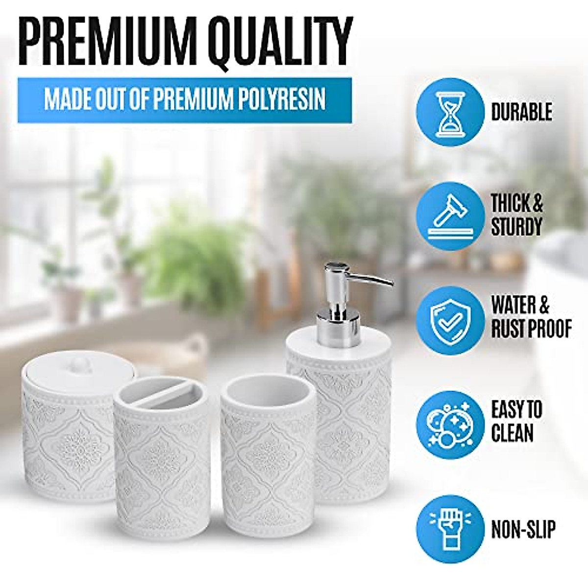 Kralix 4 Piece White Bathroom Accessories Set, Modern White Soap Dispenser Set, White Toothbrush Holder Set, Tumbler and Qtip Holder, Embossed White Bathroom Decor Accessory Set, Accesorios para Baño