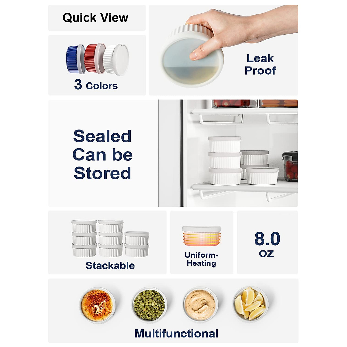 LE TAUCI 8 oz Ramekins with Silicone Storage Lids, Creme Brulee Dishes, Custard Cups for Baking, Oven Safe, Set of 6, White