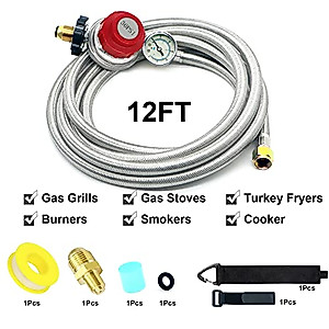 NQN 12 Foot 0-30 PSI High Pressure Adjustable Propane Regulator with Gauge 0~60PSI Gas Flow Indicator, Gas Cooker 3/8inch Female Flare Fitting, Stainless Steel Braided Hose and Gas Grill LP Regulator
