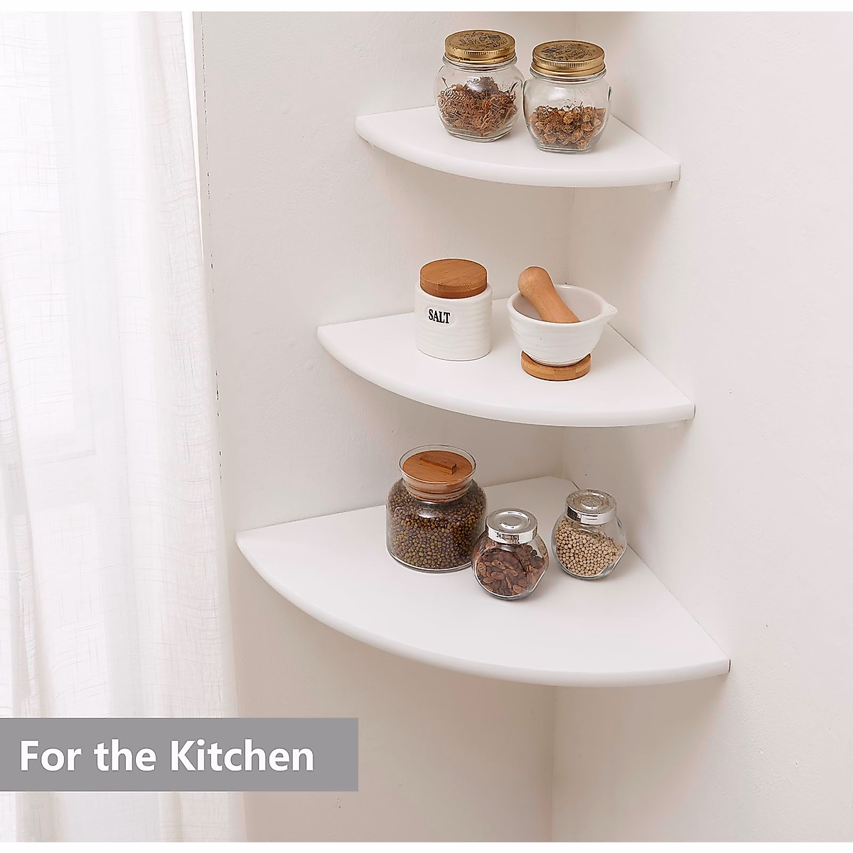 Corner Shelf, White Solid Oak Wood Floating Corner Shelves Wall Mount Round End Floating Speaker Shelf for Small Plant Photo Frame (White, 10in)