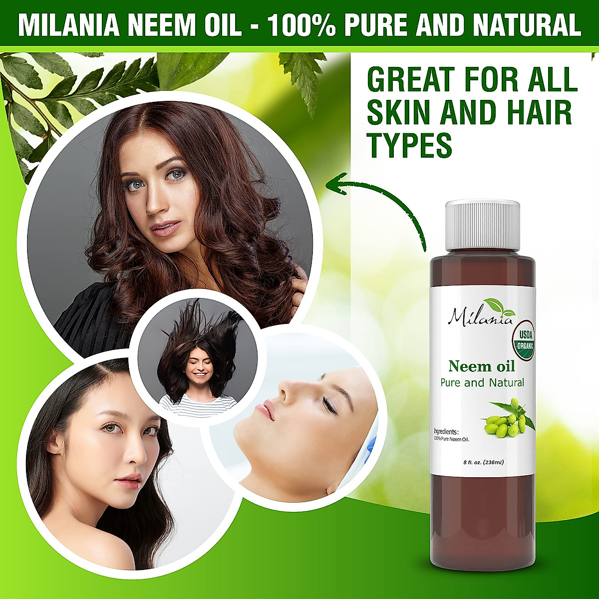 MILANIA Premium Organic Neem Oil (8 Oz.) Virgin, Cold Pressed, Unrefined 100% Pure Natural Grade A. Excellent Quality.