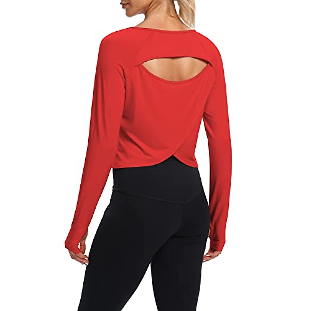 Bestisun Womens Cropped Tops Long Sleeve Open Back Workout Tops Activewear Gym Yoga Shirts Exercise Sports Running Clothes Red S