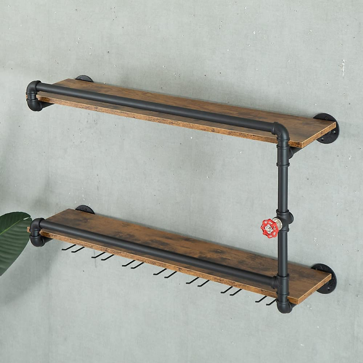 BOTAOYIYI Wine Rack Wall Mounted 2 Tier, Hanging Floating Bar Liquor Shelves with Glass Holder Storage Under, Industrial Rustic Pipe Farmhouse Kitchen Decor Black(35.4x10.6x19.7)