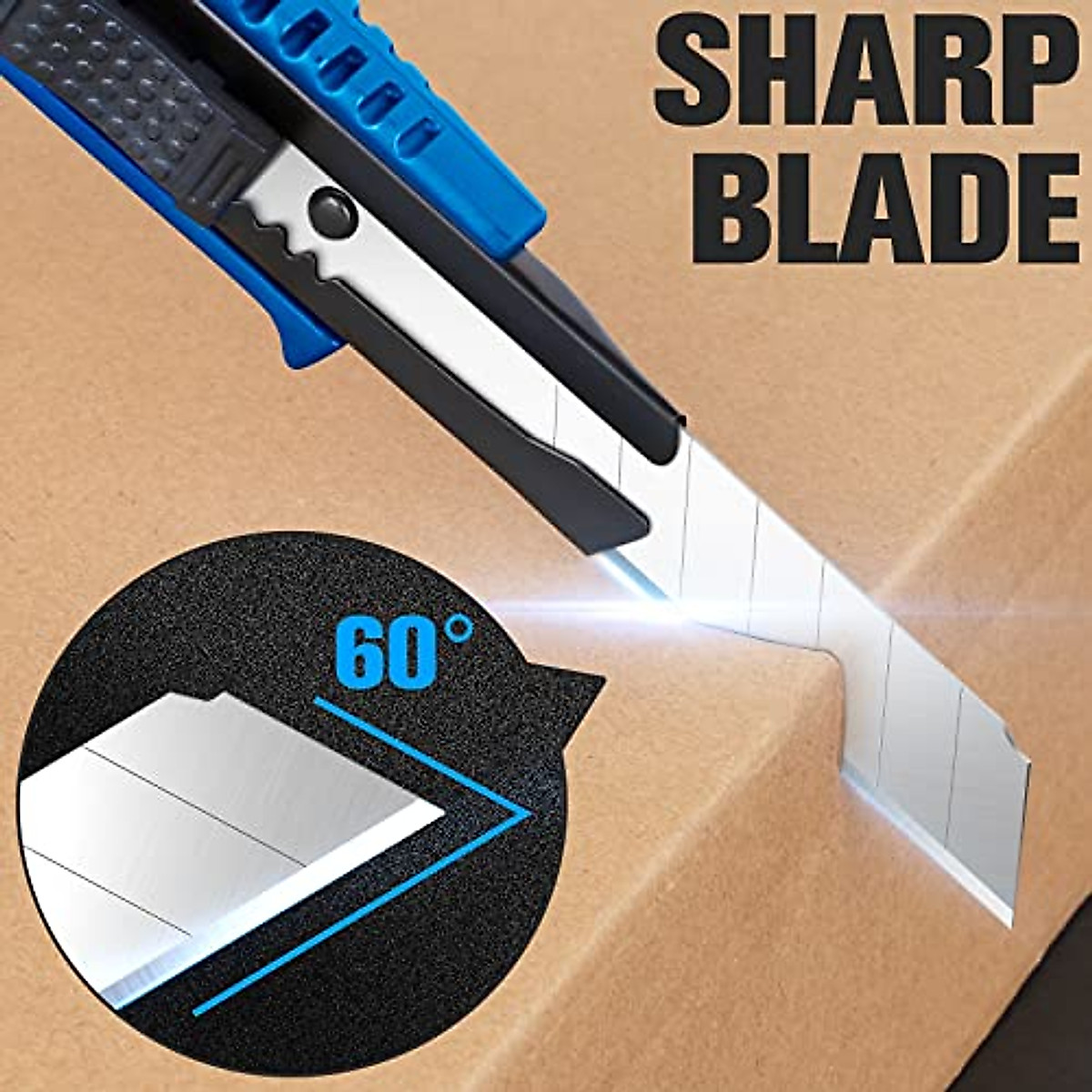 TIFICAL Box Cutter Retractable, Auto-Lock Utility Knife, 18MM Box Knife with 10 Blades, ABSs Handle Box Opener for Cutting Boxes, Cartons, Cardboard, Leather, Smooth Retractable Mechanism (Blue)