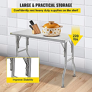 VEVOR 48 x 30 Inch Folding Commercial Prep Table Commercial Worktable Workstation, Heavy-Duty Stainless Steel Folding Table with 220 lbs Load, Silver Stainless Steel Kitchen Island，Kitchen Work Table