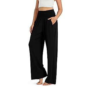 ODODOS Women's Wide Leg Palazzo Lounge Pants with Pockets Light Weight Loose Comfy Casual Pajama Pants-28 inseam, Black, Large