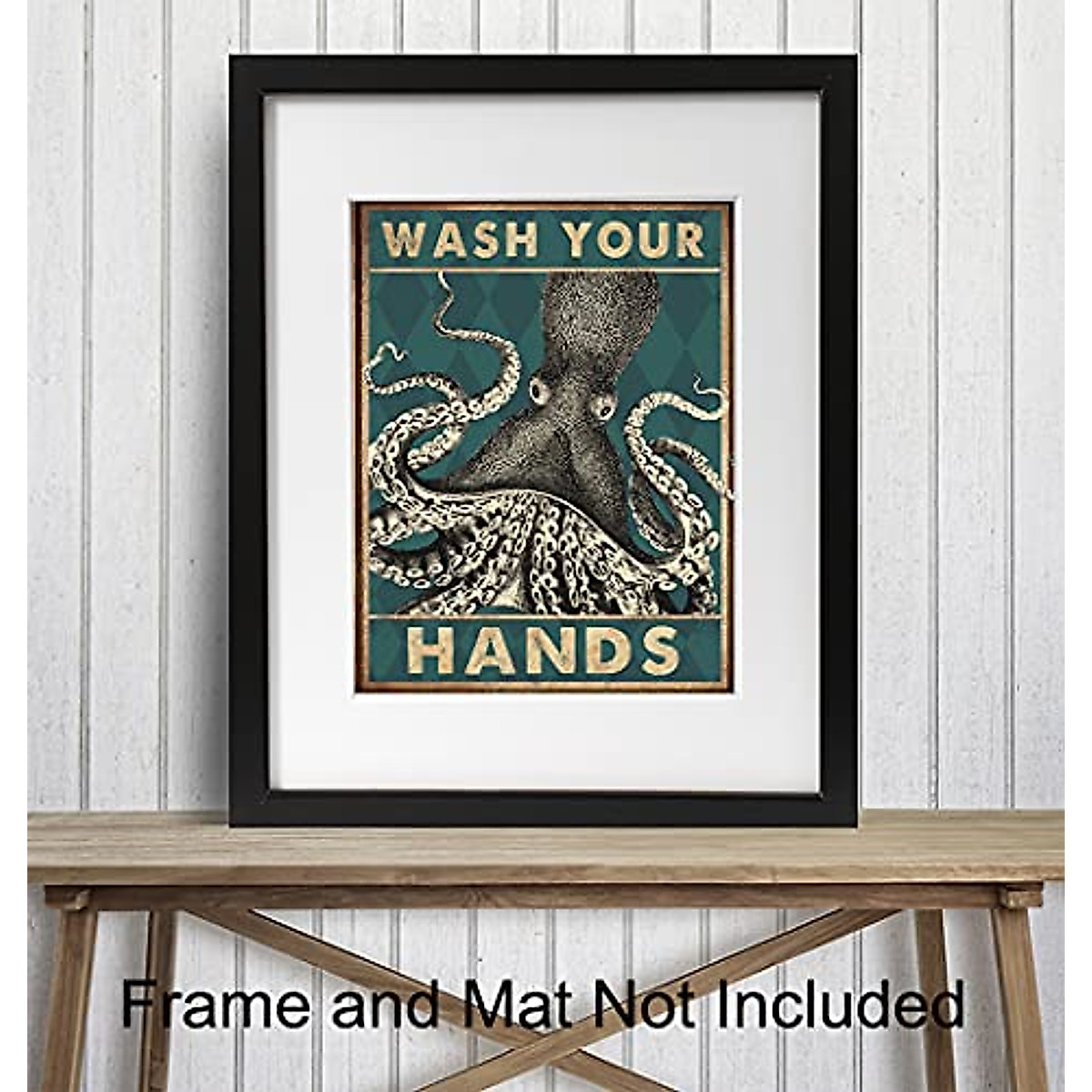 Octopus Nautical Bathroom Wall Art & Decor - Funny Beach Bathroom Decor - Bath Wall Decor - Cute Unique Bathroom Pictures Decorations Poster - Wash Your Hands Sign - Guest Bathroom - Powder Room