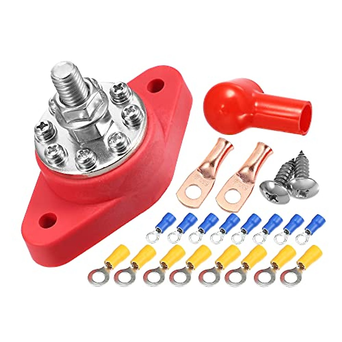X AUTOHAUX 1 Set 3/8" Power Distribution Block 8 Point Bus Bar 18 Screws Terminal Block with Cover for Boat Car Marine Battery Junction Block Plastic Metal Red