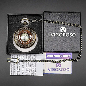 VIGOROSO Men's Hand-Wind Mechanical Pocket Watch Vintage Steampunk Wood Grain Hollow Design with Chain and Box