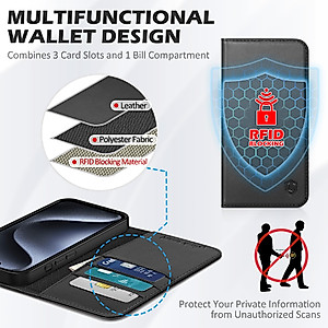 SHIELDON Case for iPhone 15 Pro 5G 6.1", Genuine Leather iPhone 15 Pro Wallet Case Flip Cover RFID Blocking Card Slots Magnetic Closure Shock-Absorbent Case Compatible with iPhone 15 Pro 2023 - Black