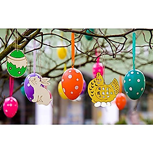 Max Fun 60PCS Easter Wood Cutouts for Crafts Easter Unfinished Ornaments DIY with Bunny to Paint for Kids Easter Party Decorations Decor Hanging Egg Shapes with Drawing Pen and Hang Cords