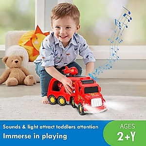 SLENPET Construction Truck Toys for 3 Years Old Boys Kids Toddlers, Vehicles Toy Set with Light and Sound, Large Transport Cargo Truck, Small Excavator, Crane, Mixer, Dumper Truck 5 in 1 Playset