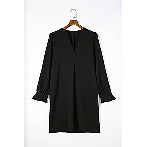 MARZXIN Casual 2025 Mini Dresses for Women Split V Neck Ruffled Sleeves Shirt Dress Long Sleeve Fall Formal Dresses Black L